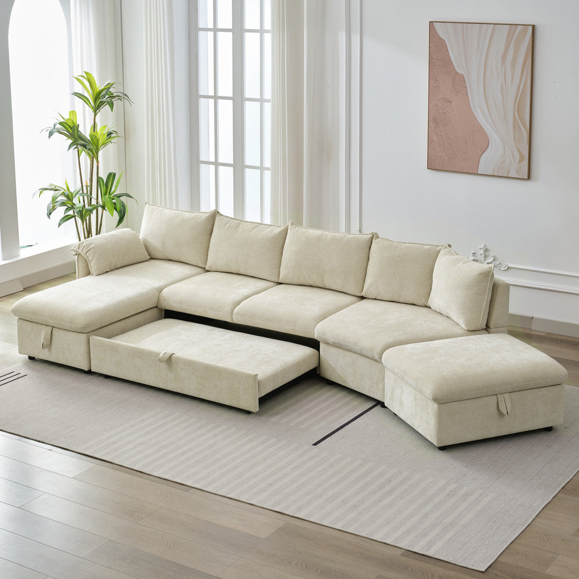Ivy Bronx 146.9" L-Shaped Sofa Sectional Sofa Couch Pull-Out Sofa Bed With A Movable Storage ...